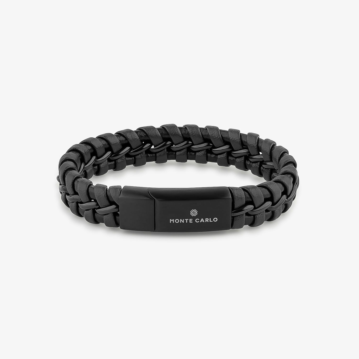 Pulseira Masculina de Couro Preto em Aço Preto - 21 cm | MONTE CARLO